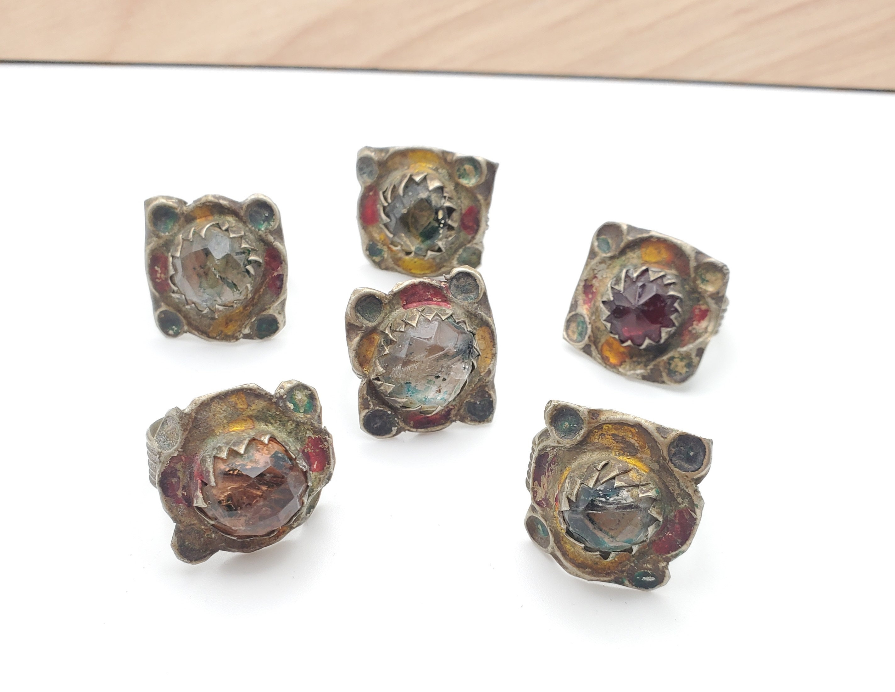 Vintage Moroccan Hand Made Old Glass Enameled Silver Berber Ring Size 8 ...