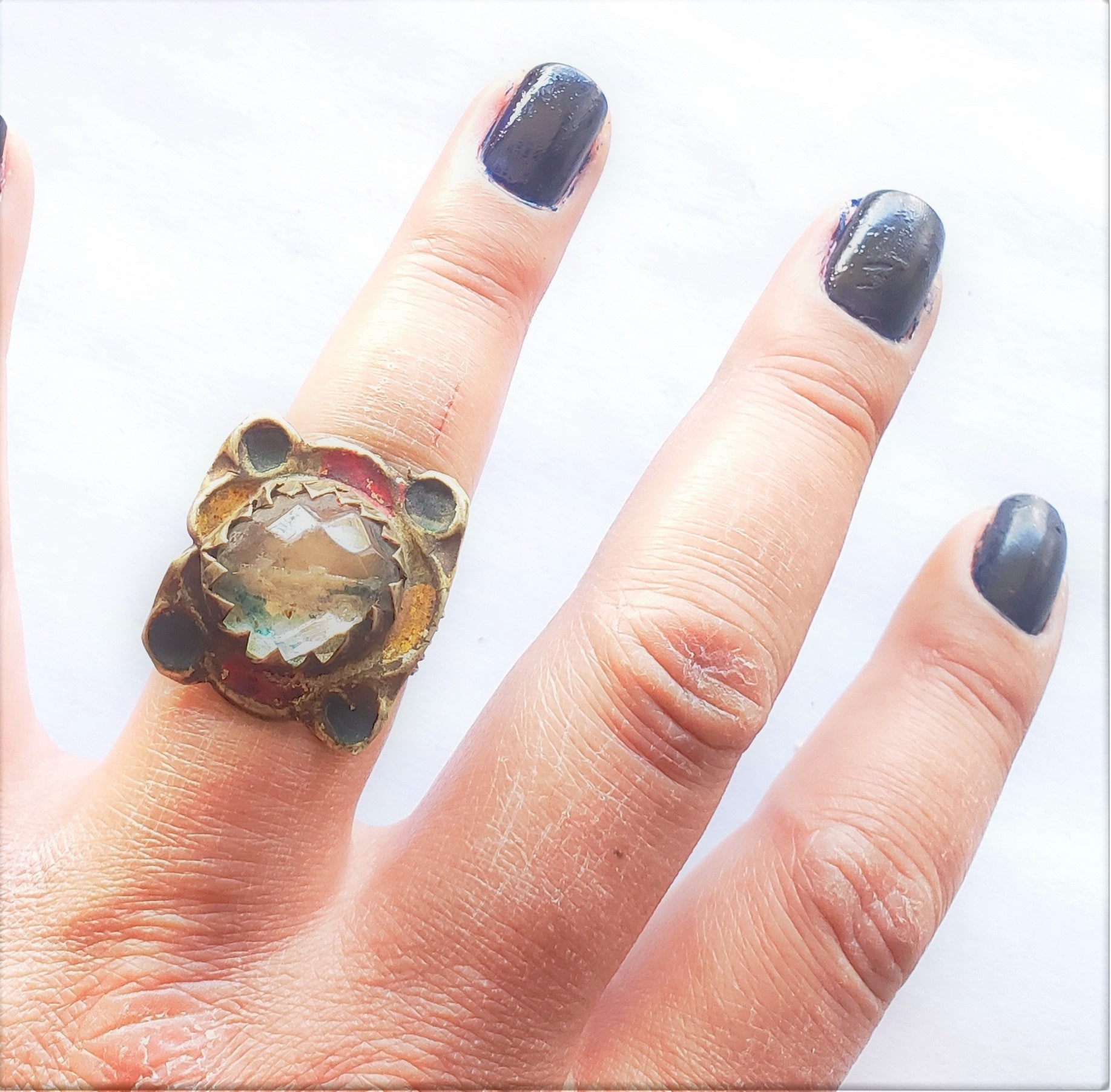 Vintage Moroccan Hand Made Old Glass Enameled Silver Berber Ring Size 8 ...