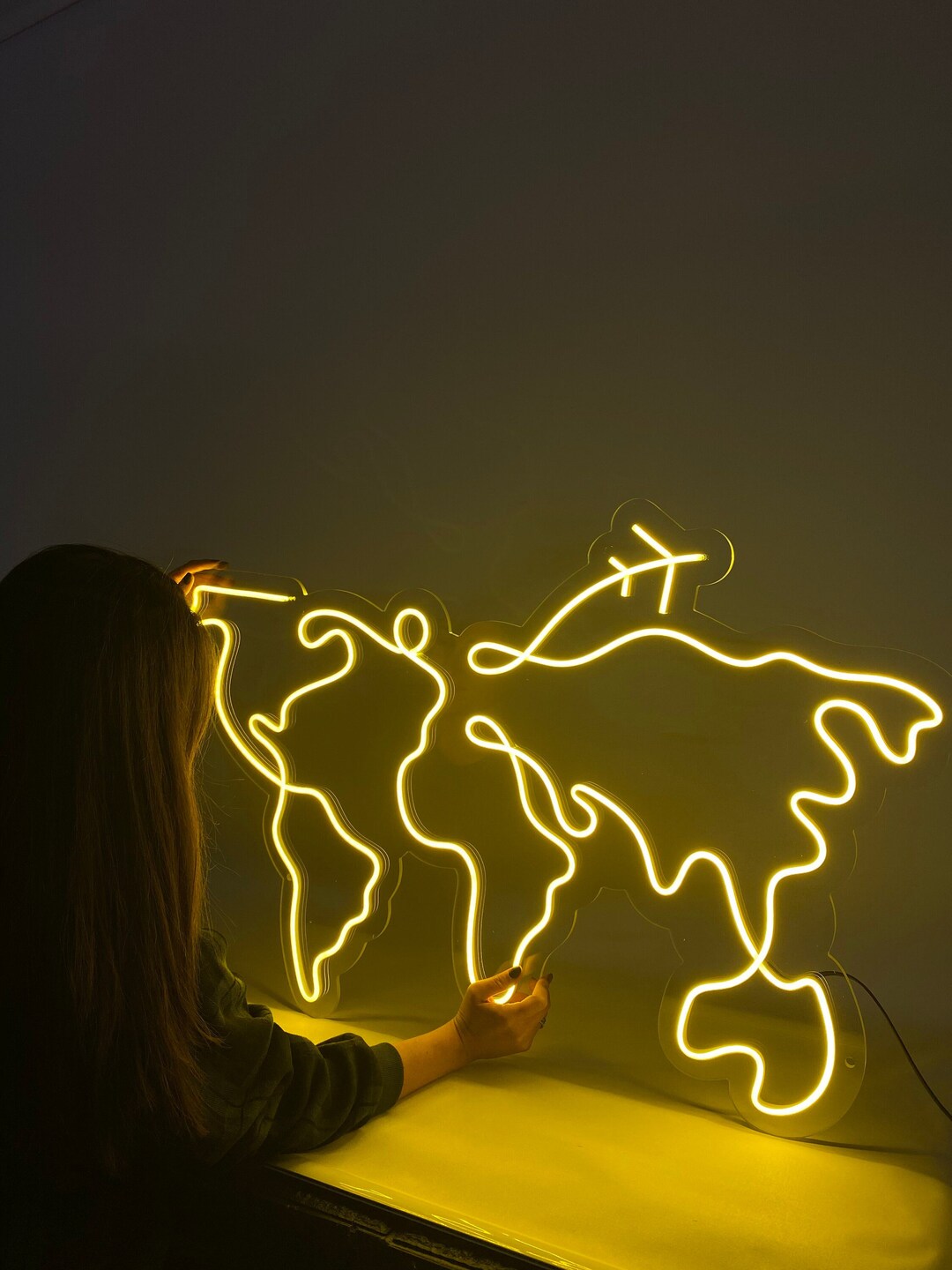 Travel Map Neon Sign, LED Light up Sign, World Map Wall Decor, Traveler ...