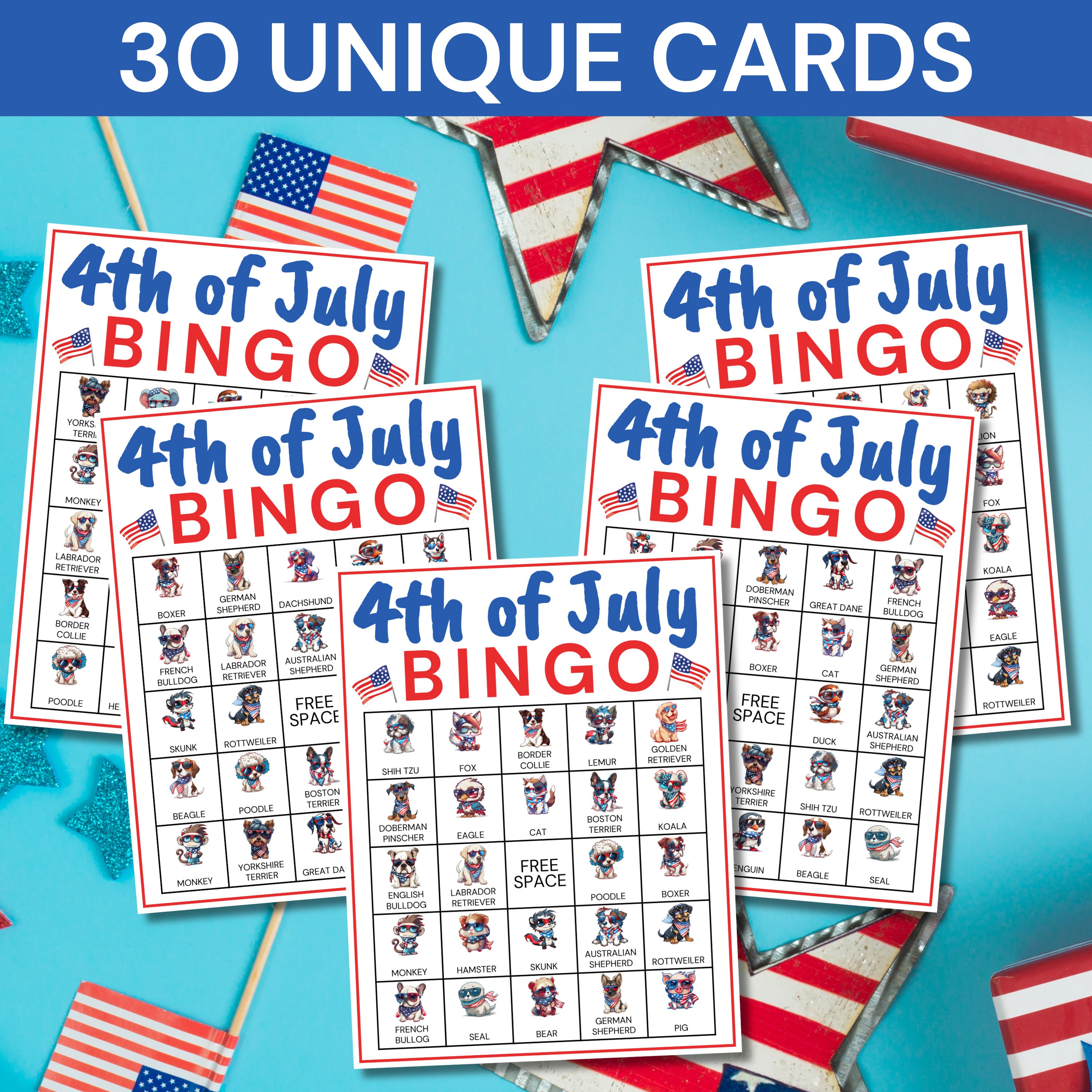 Fourth of July Bingo Cards Printable Game, 30 July 4th Bingo, Red White ...