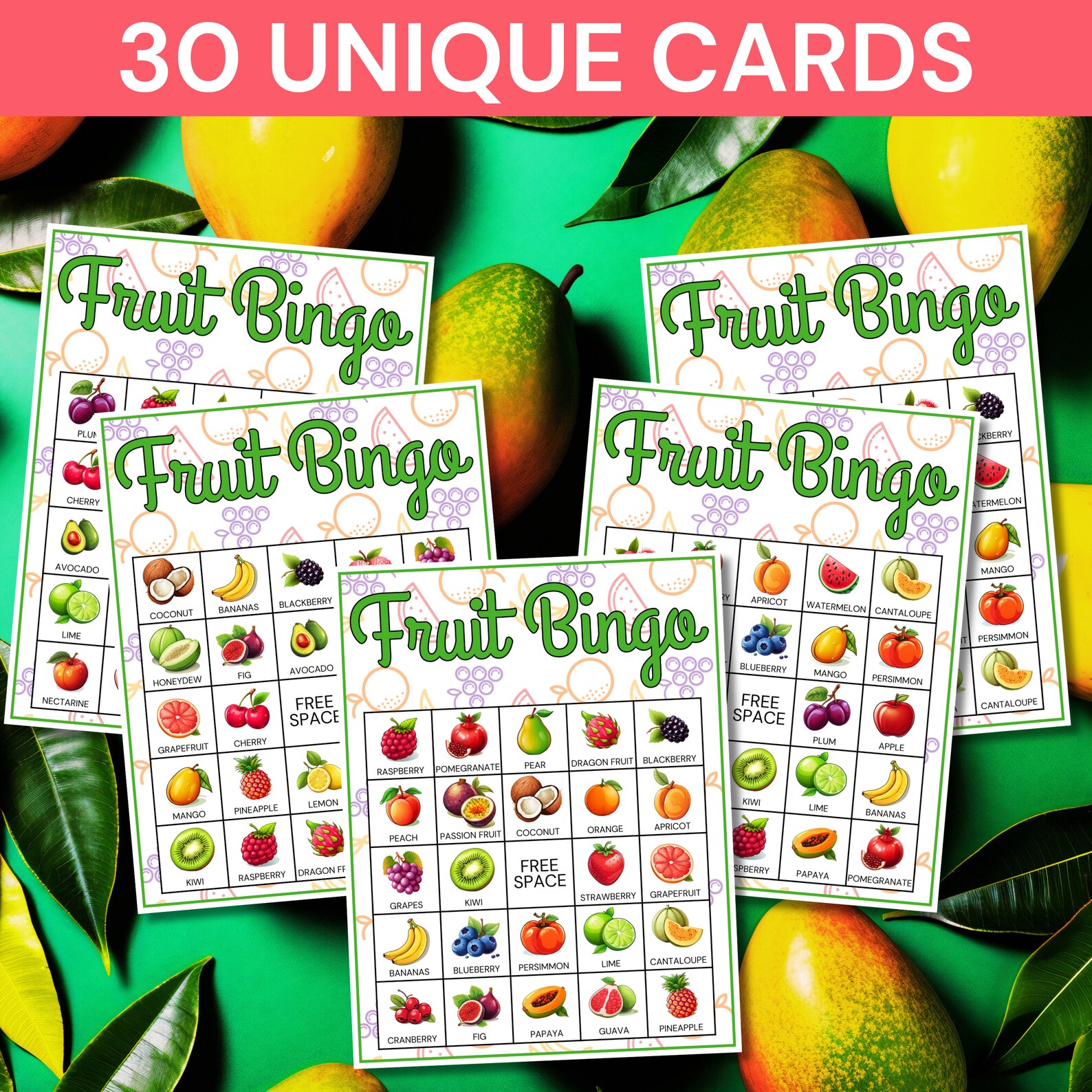 Fruit Bingo Cards Printable Game, 30 Fruit Bingo Board Game, Learn ...
