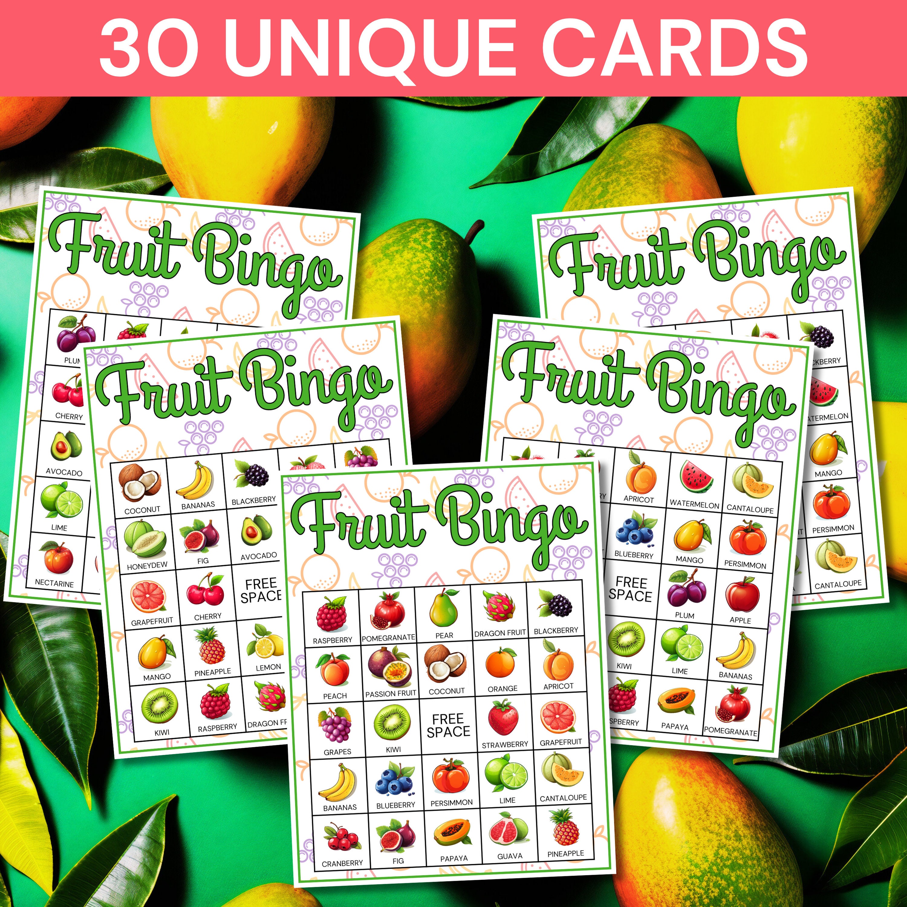 Fruit Bingo Cards Printable Game, 30 Fruit Bingo Board Game, Learn ...