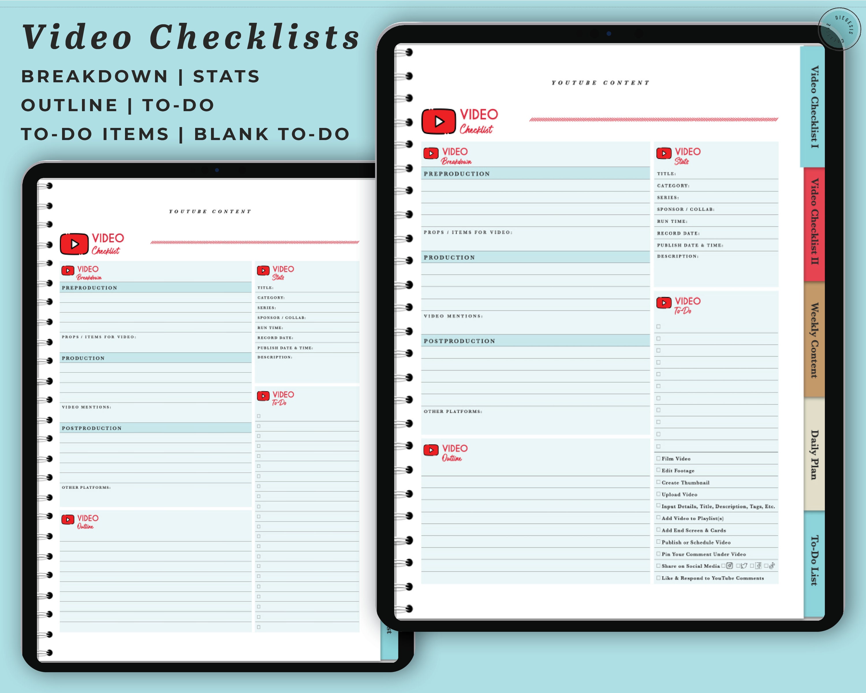 Youtube Digital Mini Bundle | Video Checklists Weekly Content Planner ...