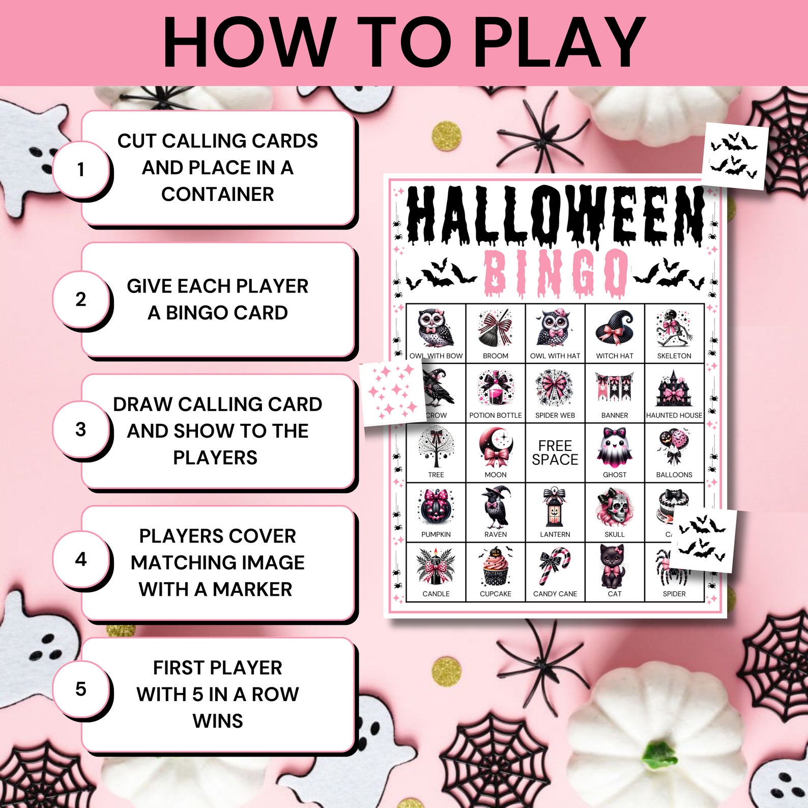 Halloween Bingo Cards Printable Game, 30 Pink Halloween Party Game ...