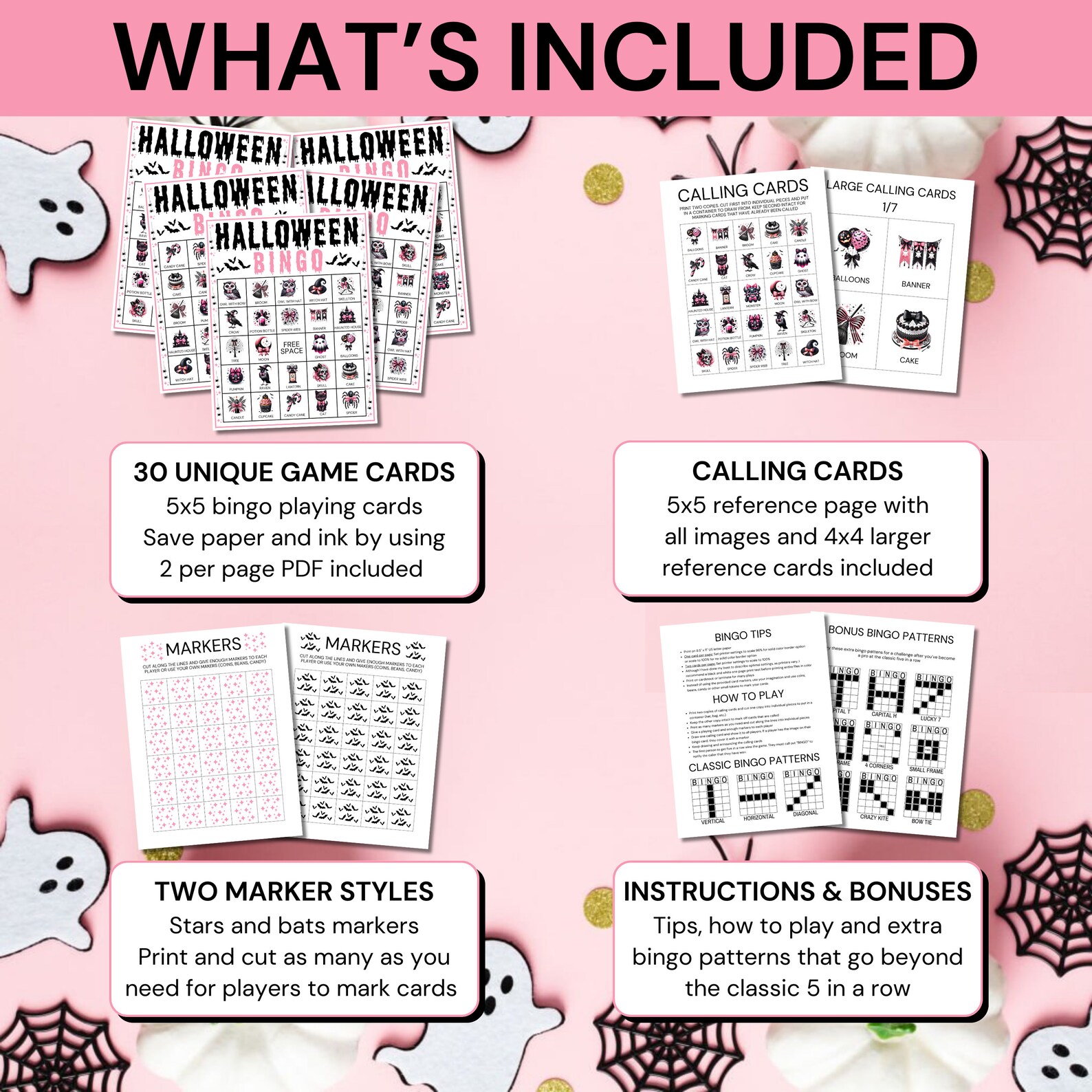 Halloween Bingo Cards Printable Game, 30 Pink Halloween Party Game ...