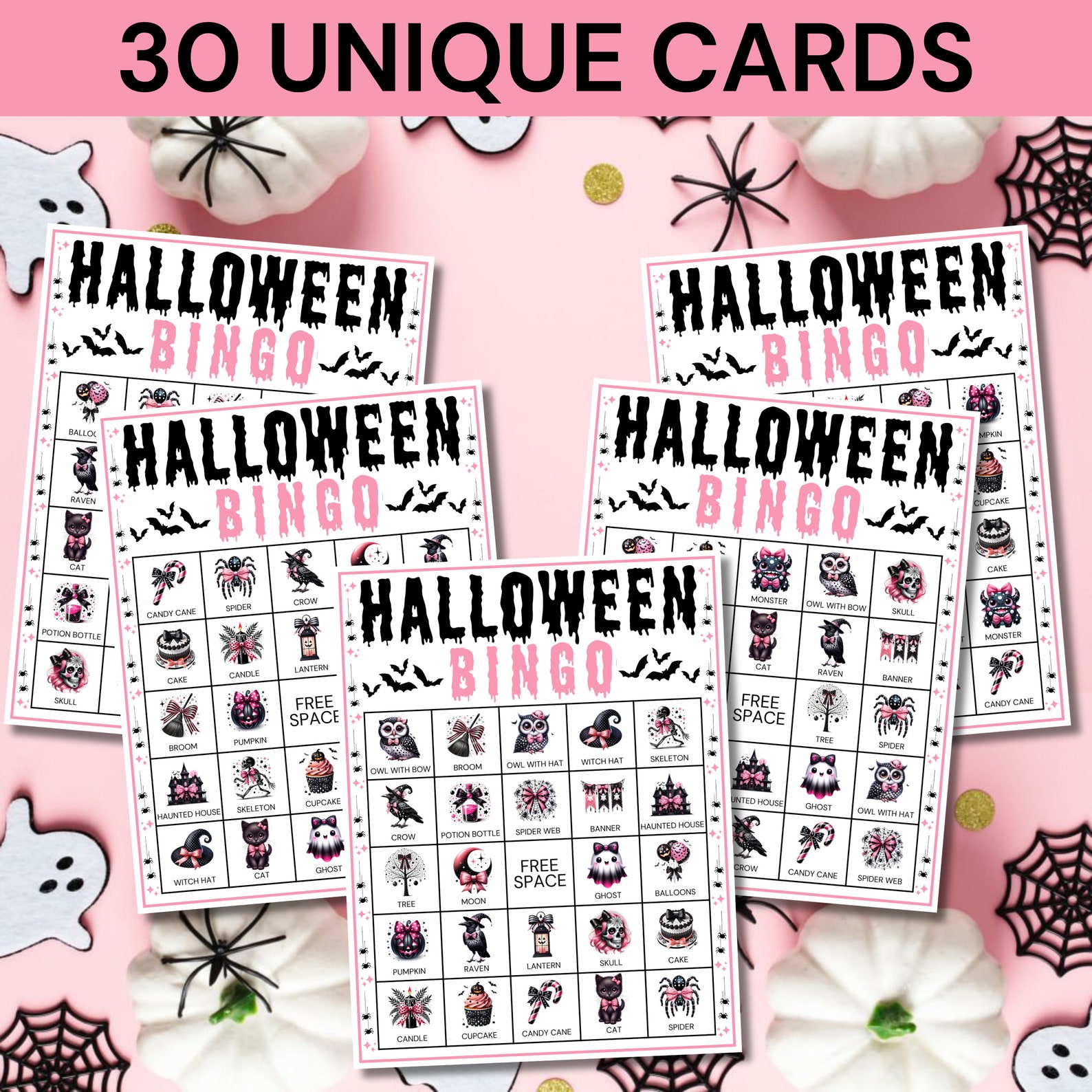 Halloween Bingo Cards Printable Game, 30 Pink Halloween Party Game ...