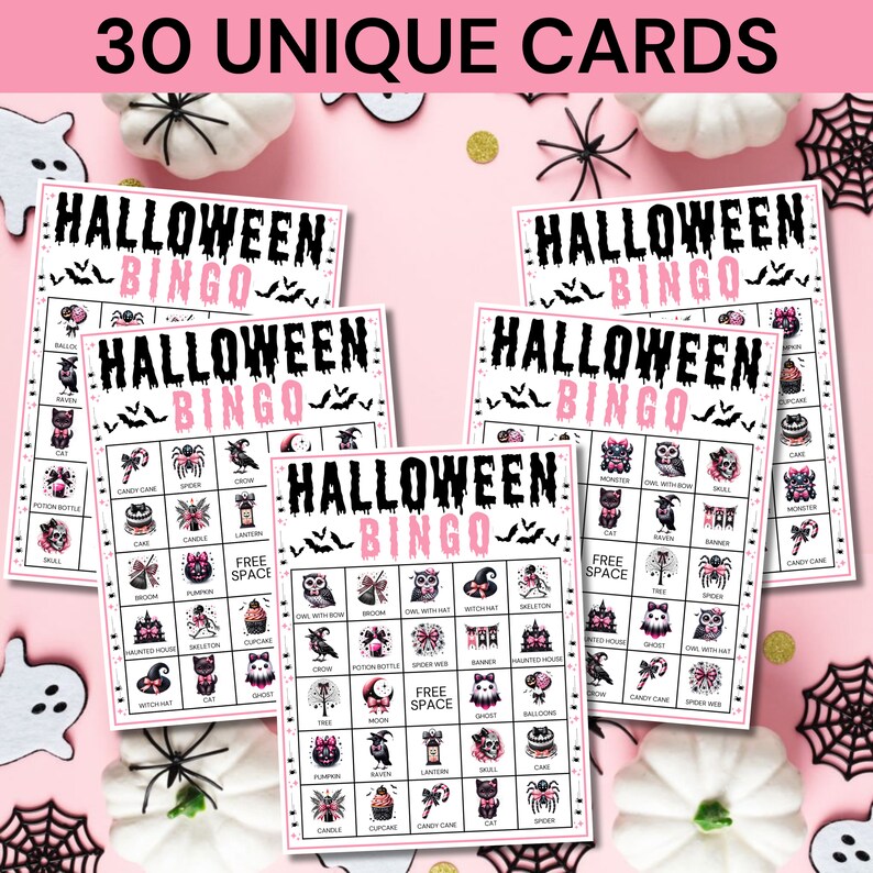Halloween Bingo Cards Printable Game, 30 Pink Halloween Party Game ...