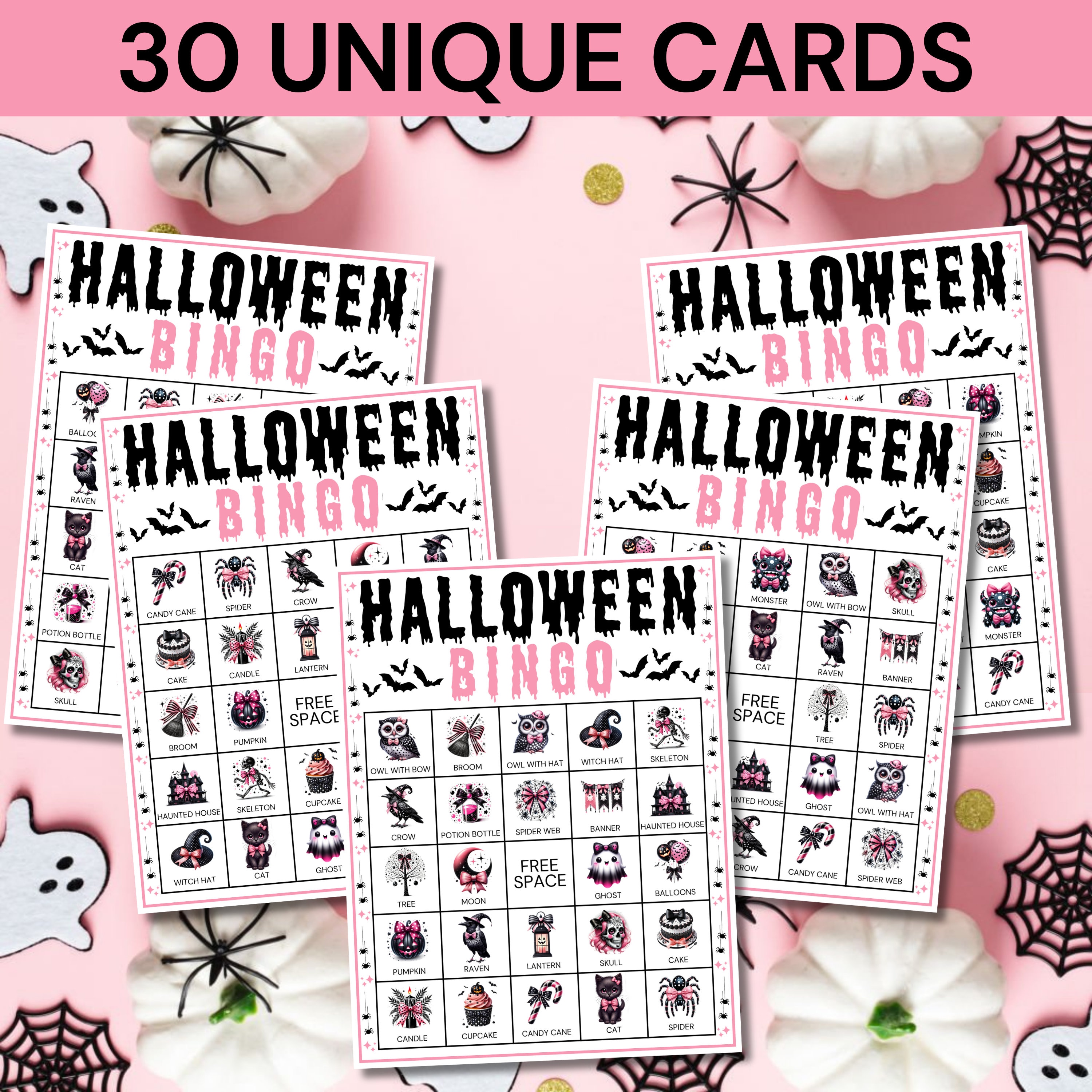 Halloween Bingo Cards Printable Game, 30 Pink Halloween Party Game ...