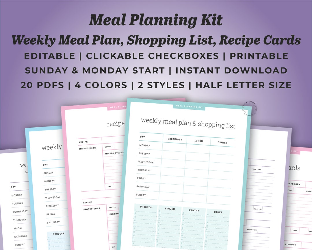 Meal Plan Kit: Editable Weekly Meal Plan Shopping List Recipe Cards ...