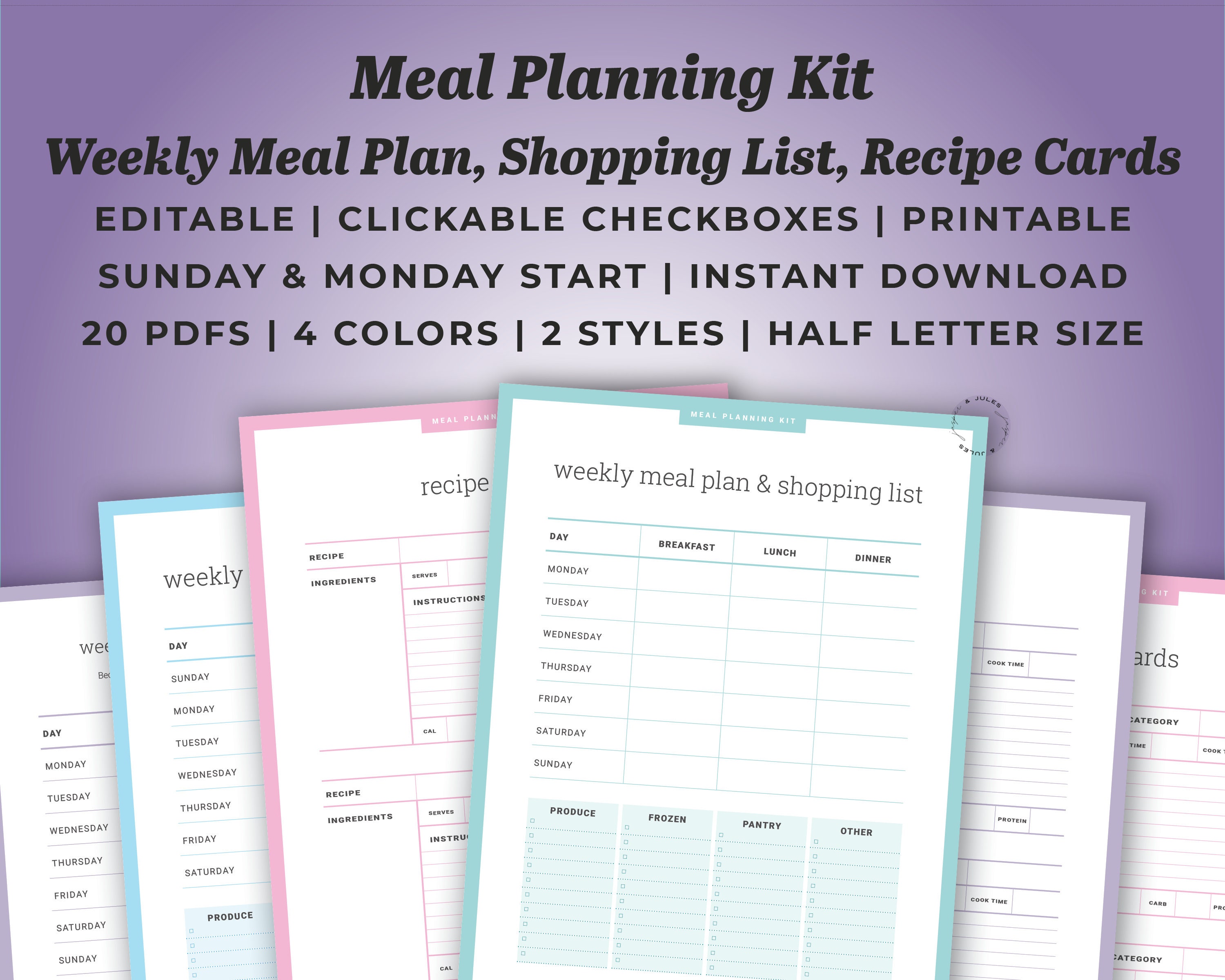 Meal Plan Kit: Editable Weekly Meal Plan Shopping List Recipe Cards ...