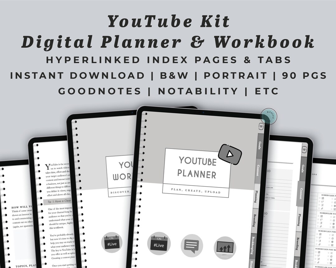 Youtube Digital Planner and Workbook Kit | B&W Video and Content ...
