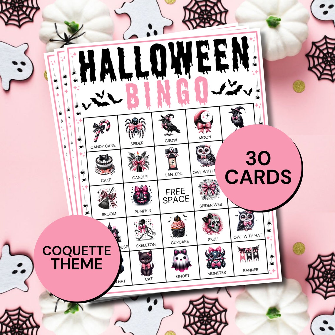 Halloween Bingo Cards Printable Game, 30 Pink Halloween Party Game ...