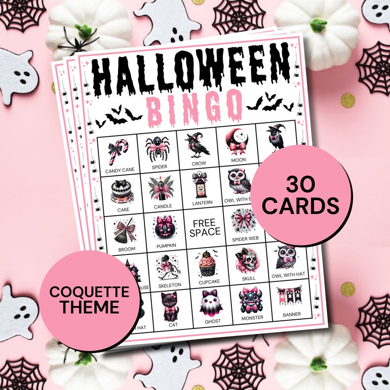 Halloween Bingo Cards Printable Game, 30 Pink Halloween Party Game ...