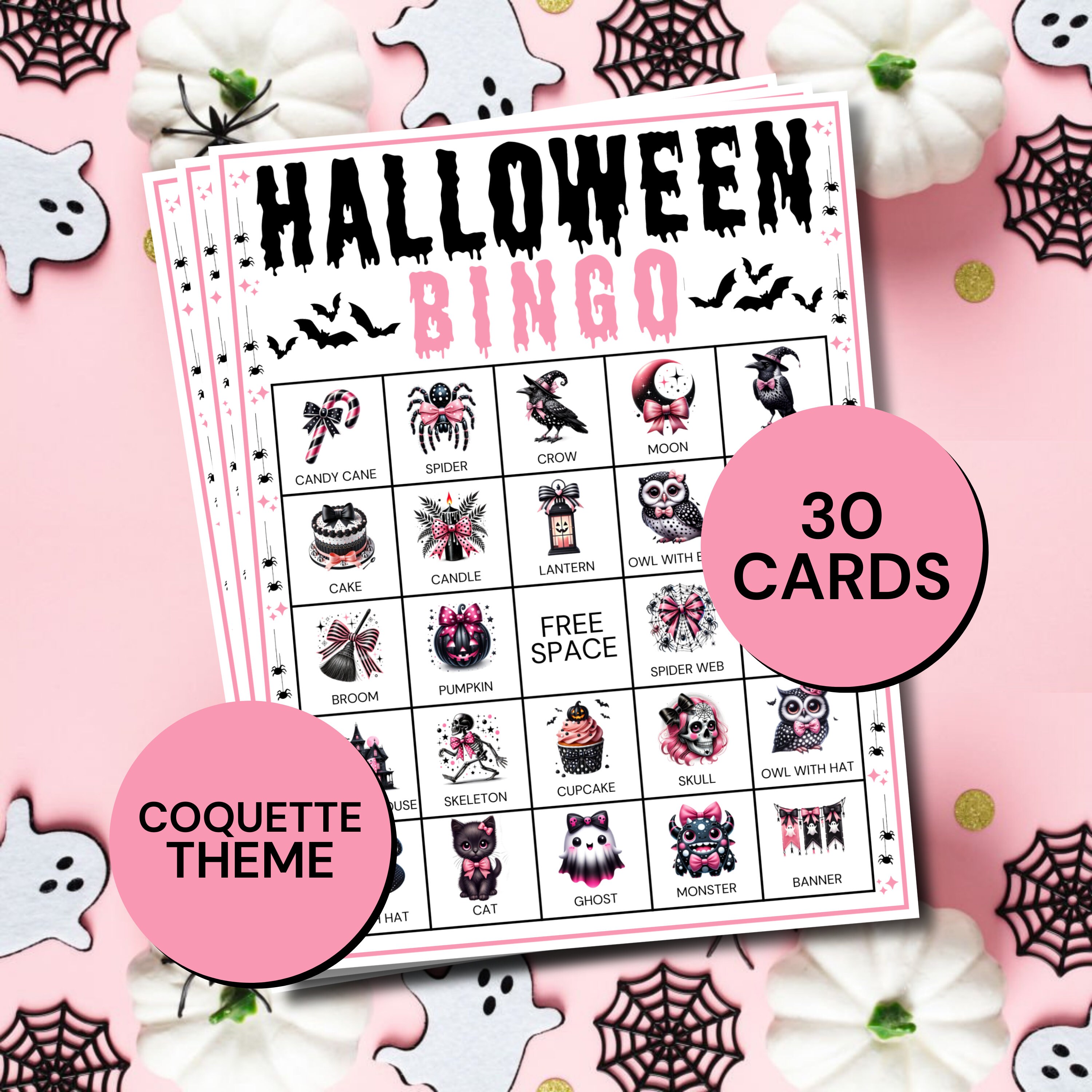Halloween Bingo Cards Printable Game, 30 Pink Halloween Party Game ...