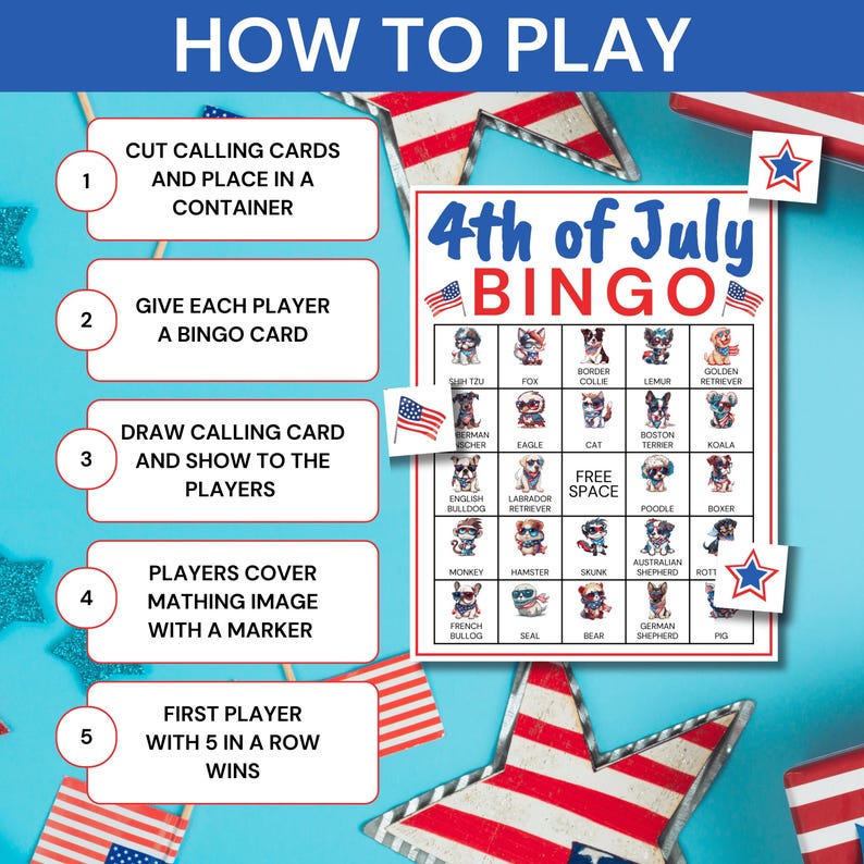 Fourth of July Bingo Cards Printable Game, 30 July 4th Bingo, Red White ...