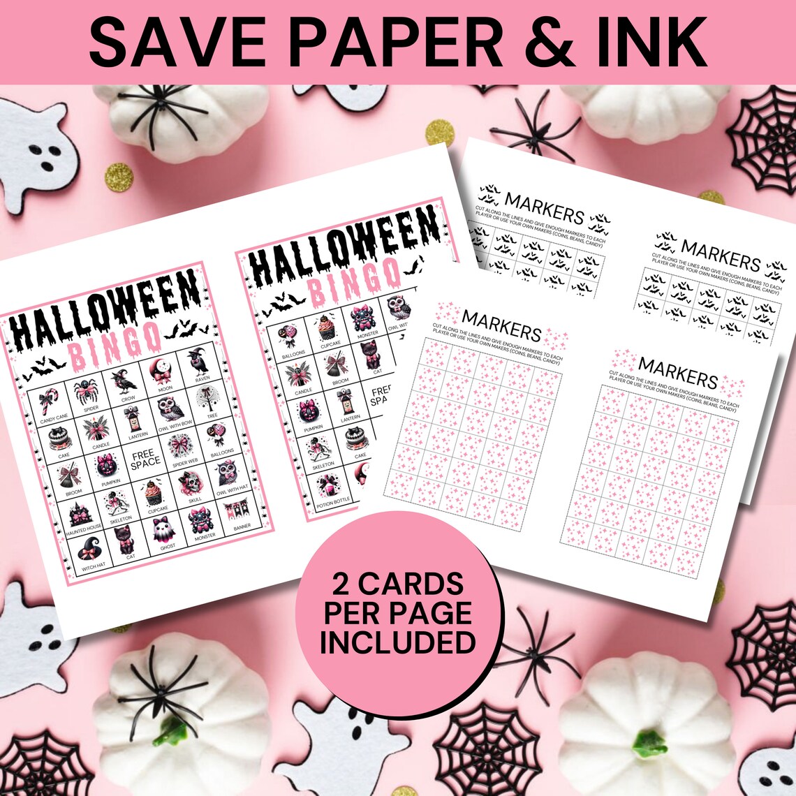 Halloween Bingo Cards Printable Game, 30 Pink Halloween Party Game ...
