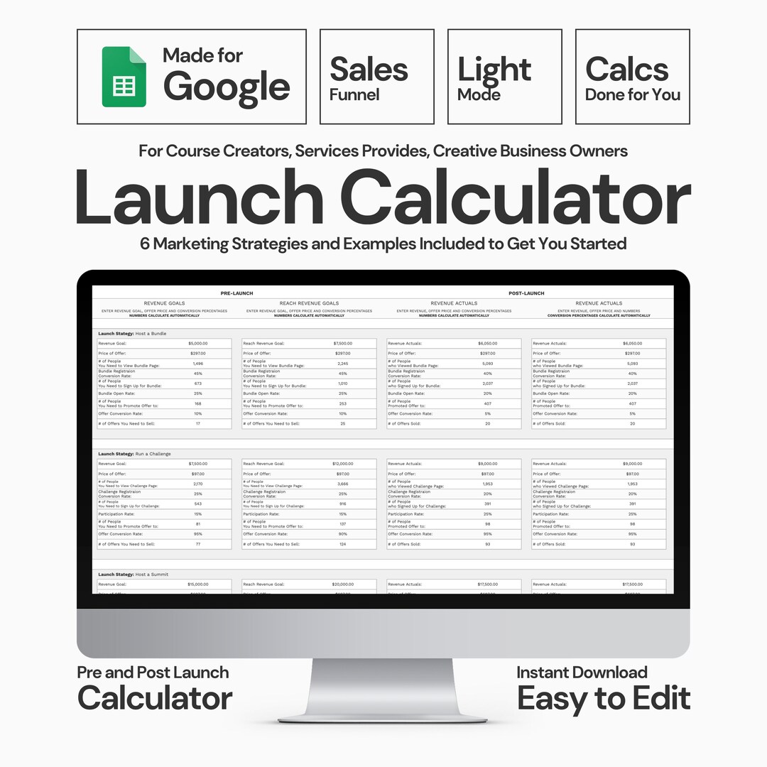 Course Launch Template Funnel Calculator Coaching Spreadsheet Tracking ...