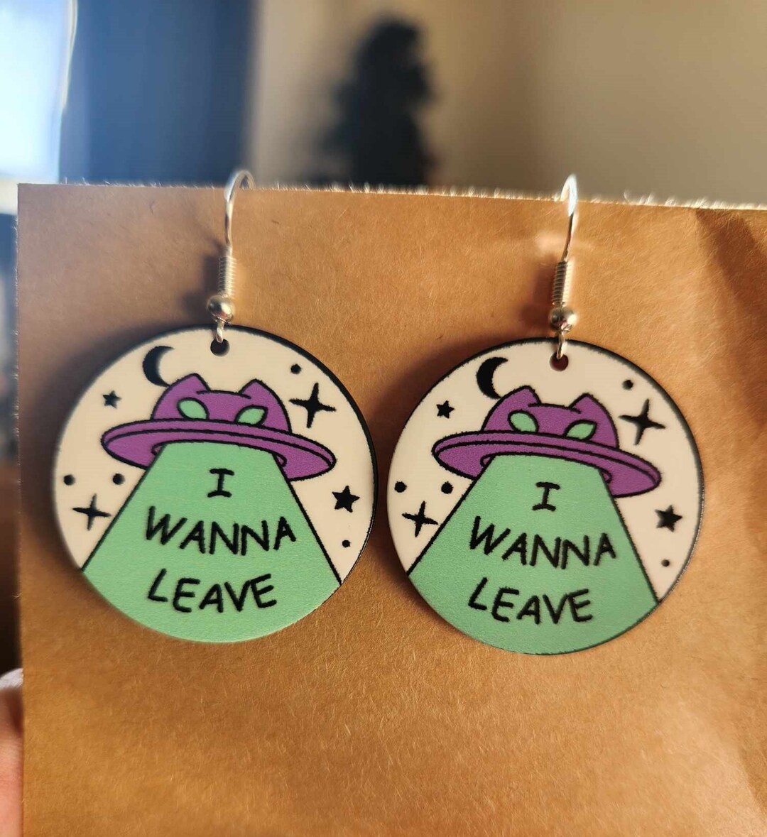 UFO Cat "i Wanna Leave" Alien Quirky Unique Earrings - Etsy