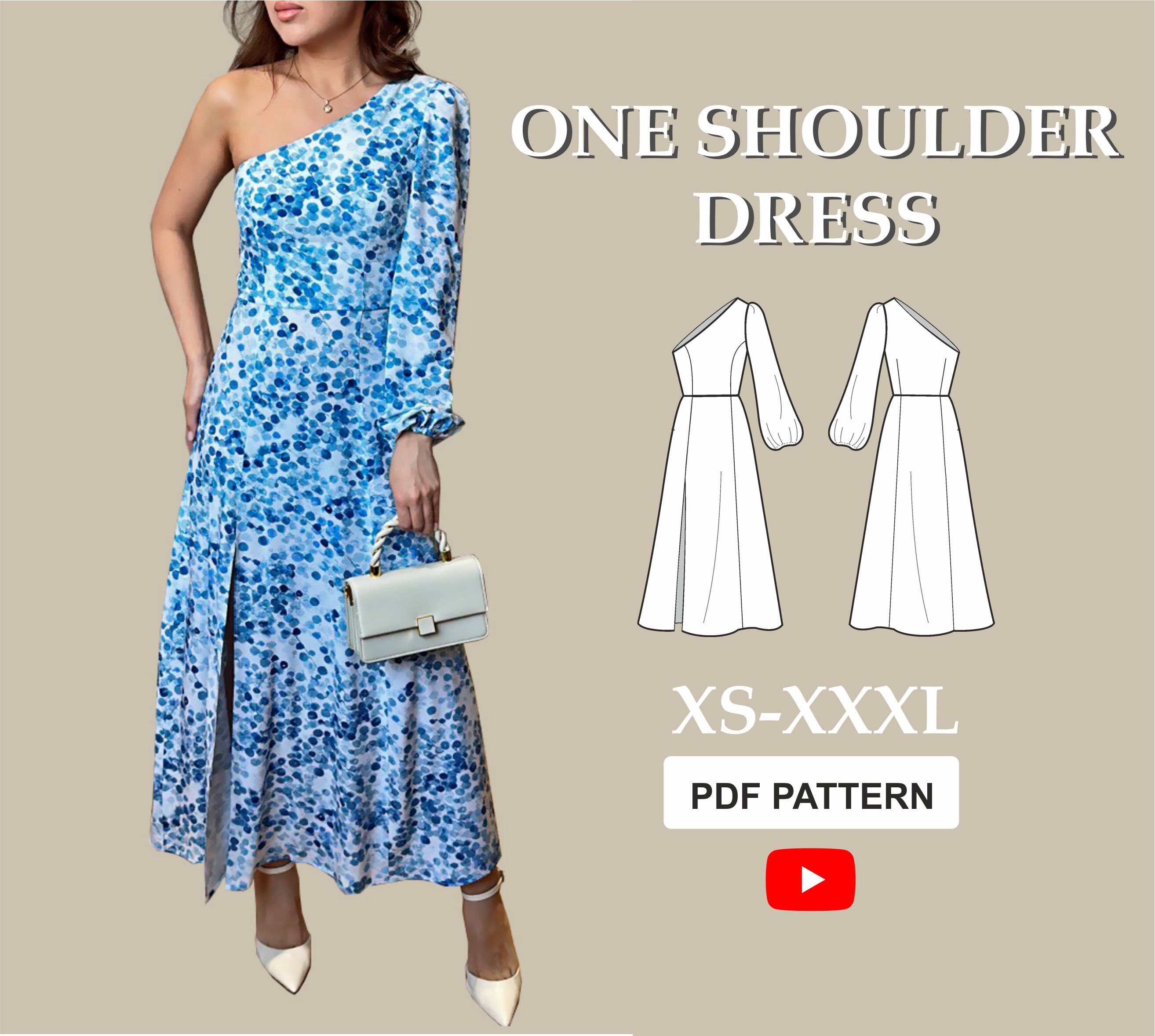 One Shoulder Maxi Dress PDF Digital Sewing Pattern Puffed Sleeve Prom ...