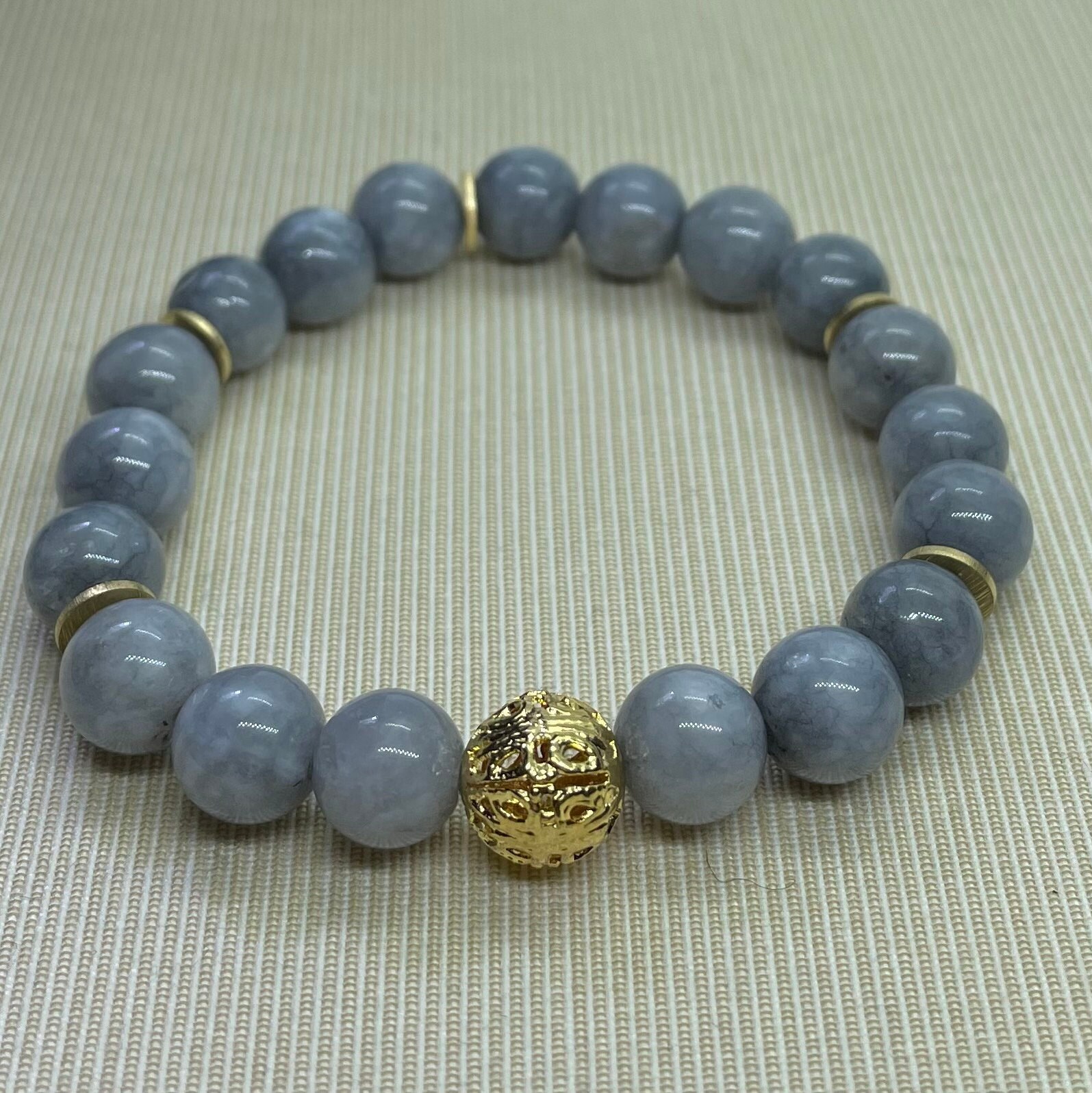 Gray Jade Beaded Stretch Bracelet with Gold Plated Filagree Accent Bead ...