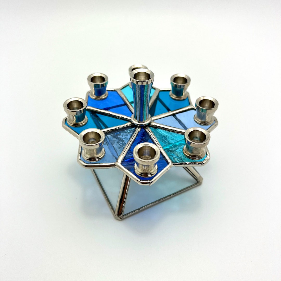 Colorful Stained Glass Menorah Dreidel | Shades of Blues Menorah ...