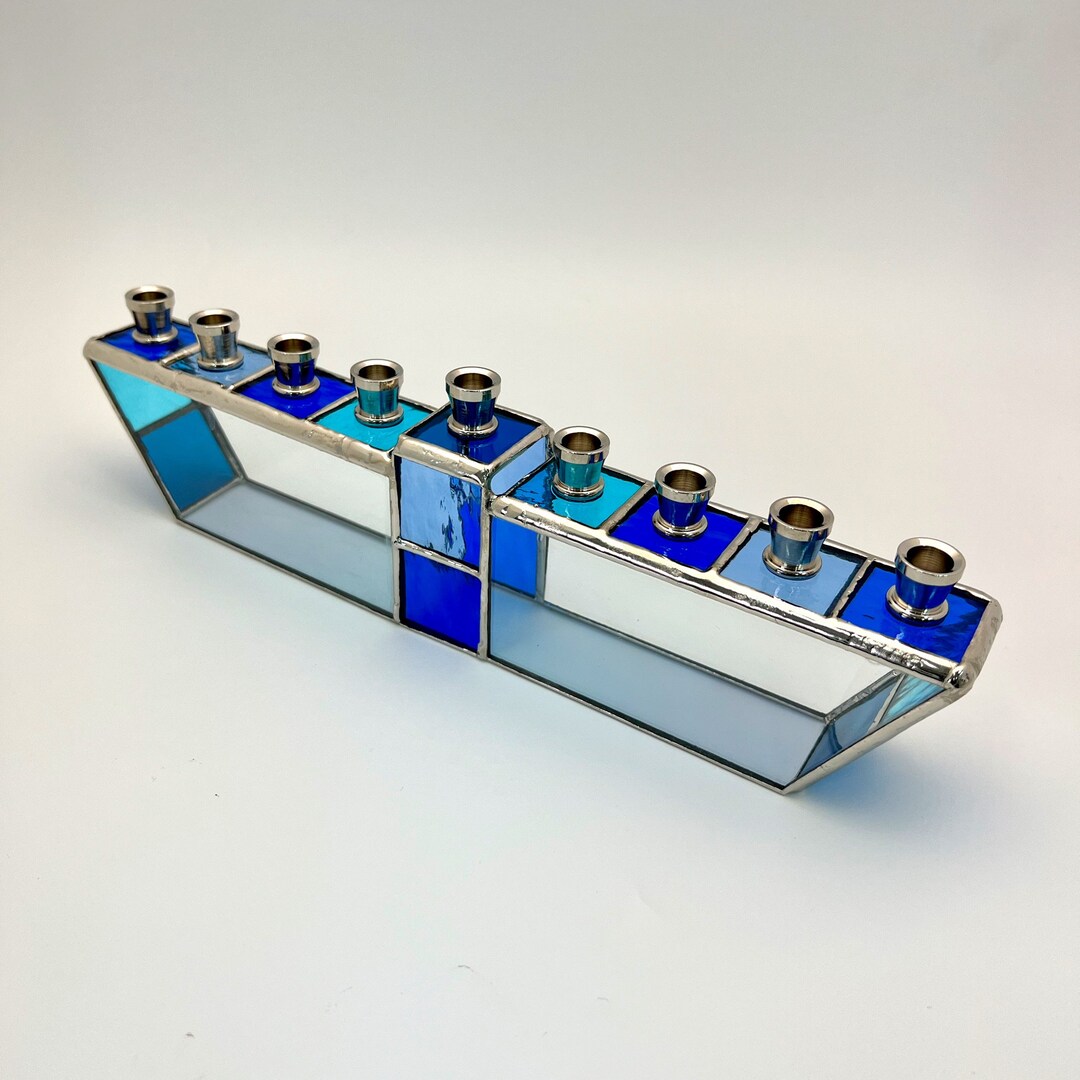 Abstract Glass Menorah in Shades of Blue Stained Glass Hanukkah Wall ...