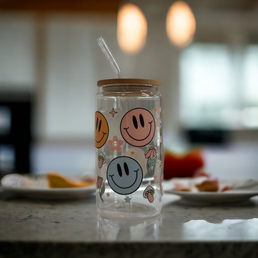 Happy Smiley Faces 16oz Glass Can - Beer Can, With Bamboo Lid and Glass ...