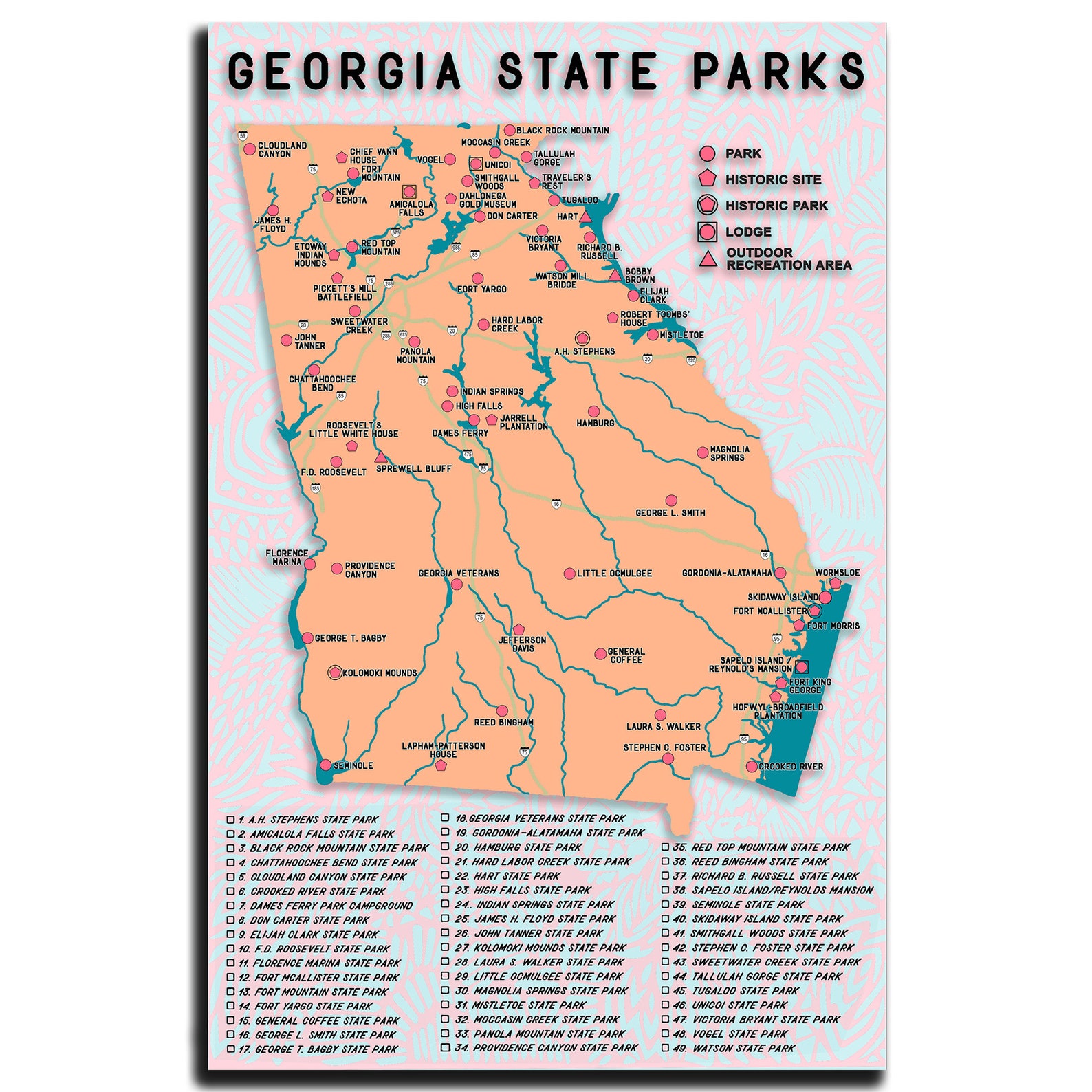 Georgia State Parks Map - Print - Trendy Wall Art - State Park Map ...