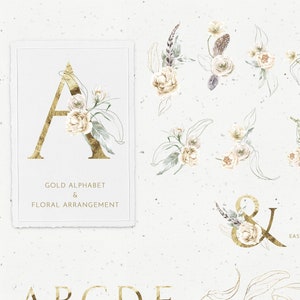 Gold Foil Alphabet Clipart. Boho Floral Arrangement Monogram Valentines ...