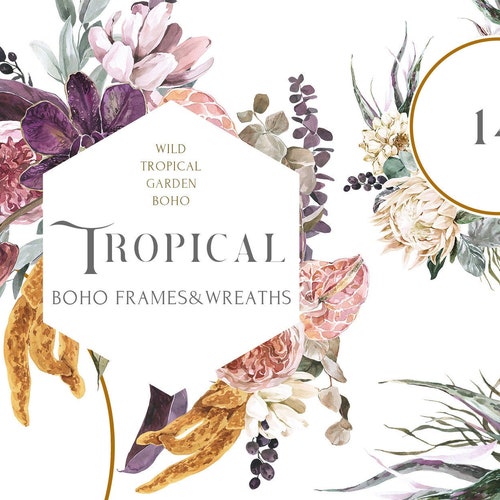 Watercolor Boho Floral Frame Clipart Boho Flowers and Dried - Etsy