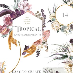 Tropical Boho Floral Frame Wreath Set Burgundy and Blush Watercolor ...