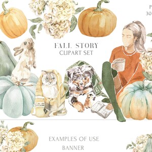 Fall Boho Pastel Pumpkin, Woman, White Flower, Cat Dog Rabbit Clipart ...