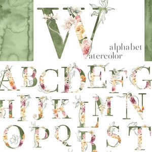Green Floral Alphabet Numbers Clipart. Spring Summer Boho Arrangement ...
