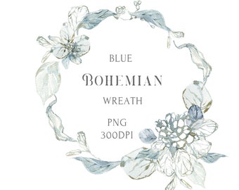 Boho Blue White Floral Wreath Gold Frame clipart. Watercolor | Etsy