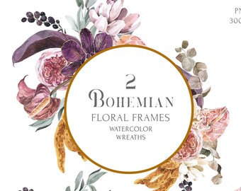 Boho Circle Gold Floral Frame Watercolor Bohemian Wedding | Etsy