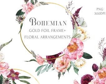 Boho Circle Gold Floral Frame Watercolor Bohemian Wedding | Etsy