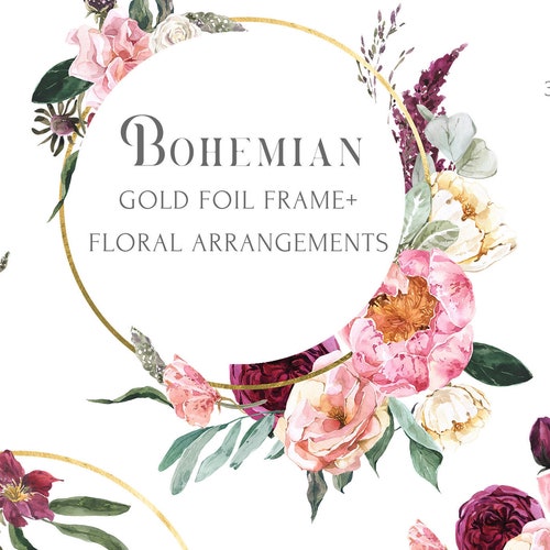 Boho Circle Gold Floral Frames Set Watercolor Bohemian Wedding | Etsy