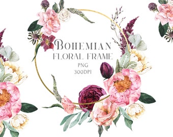 Boho Circle Gold Floral Frame Watercolor Bohemian Wedding | Etsy