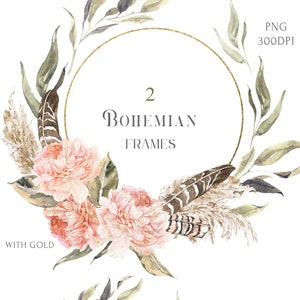 Watercolor Bohemian Round Gold Floral Frames Clipart. Boho Wedding ...