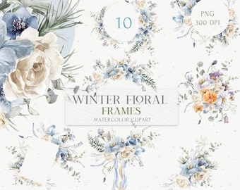 Boho Blue White Floral Wreath Gold Frame clipart. Watercolor | Etsy