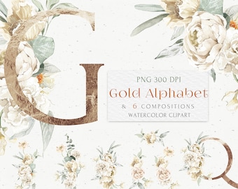 Gold Foil Alphabet Clipart. Boho Floral Arrangement Monogram | Etsy