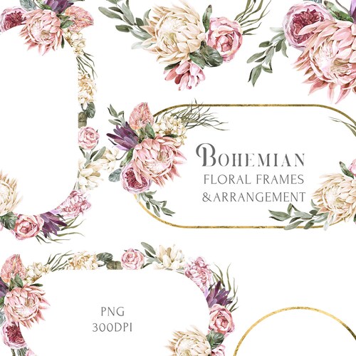 Boho Blue White Floral Wreath Gold Frame Clipart. Watercolor - Etsy