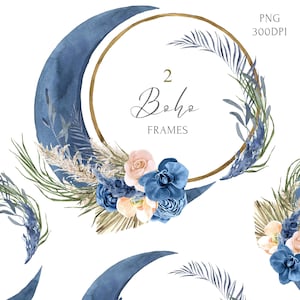 Boho Round Floral Frame Clipart Pampas Grass. Blue Moon Watercolor ...