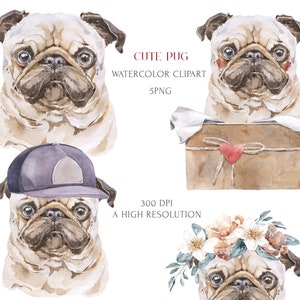 Cute Pug Watercolor Clipart Set. Dog Lovers Gift Instant Download. Pug ...