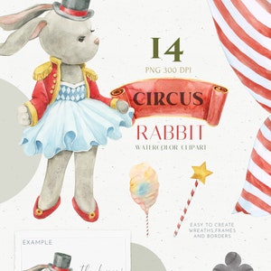 Toy Bunny Rabbit Circus Watercolor Clipart Set. Retro Girl Nursery Wall ...