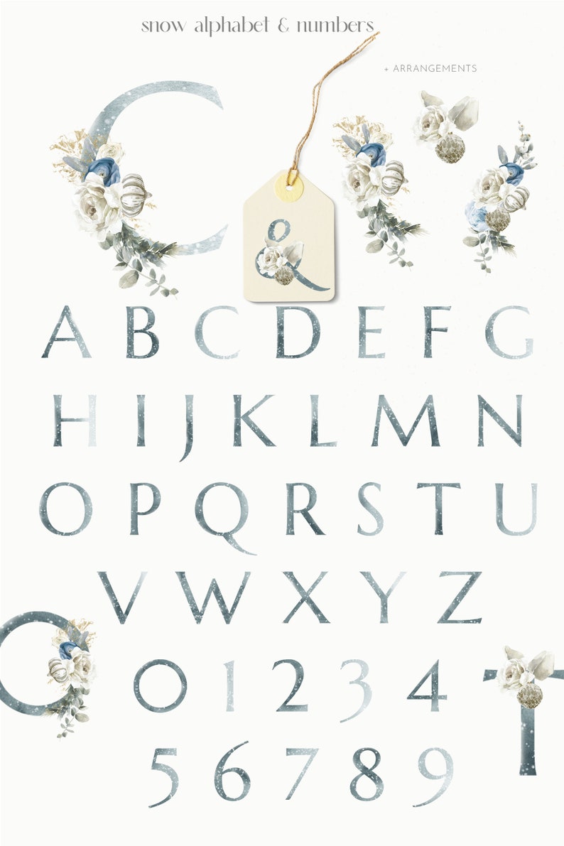 Gold & Blue Alphabet Numbers Clipart. Winter Snow Pastel | Etsy