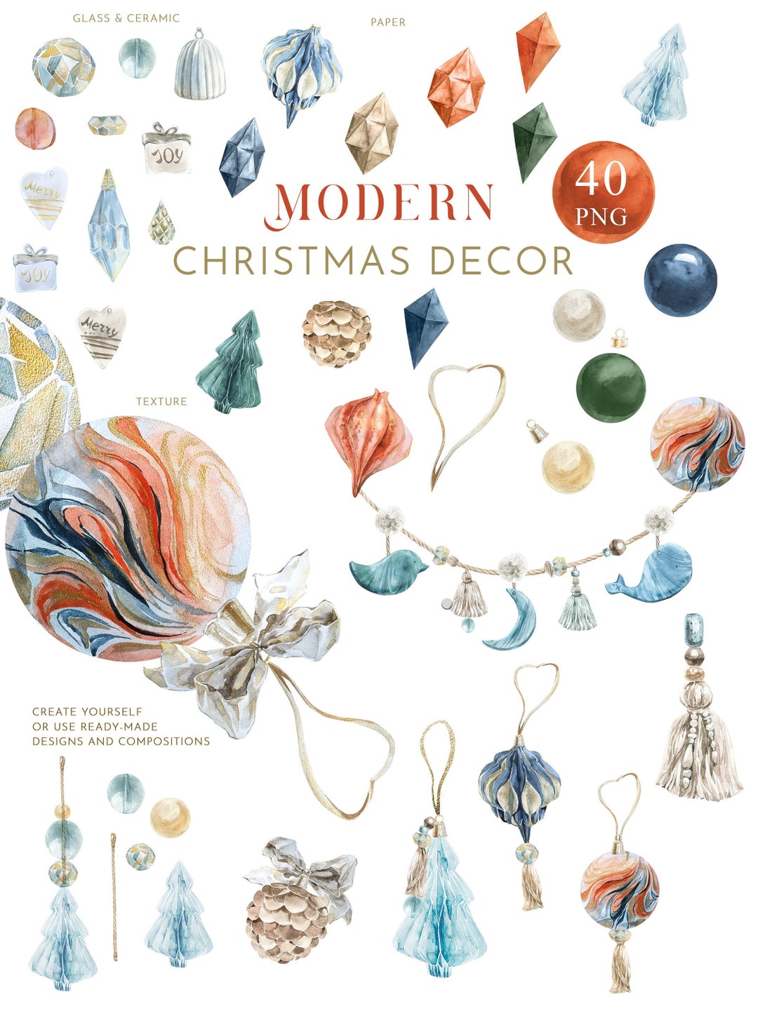 Christmas Decorations Watercolor Clipart Set. Gold Red Glass Winter ...