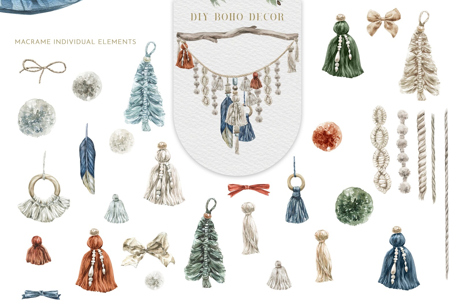 Christmas Watercolor clipart Set. Winter Boho Macrame Wreath | Etsy