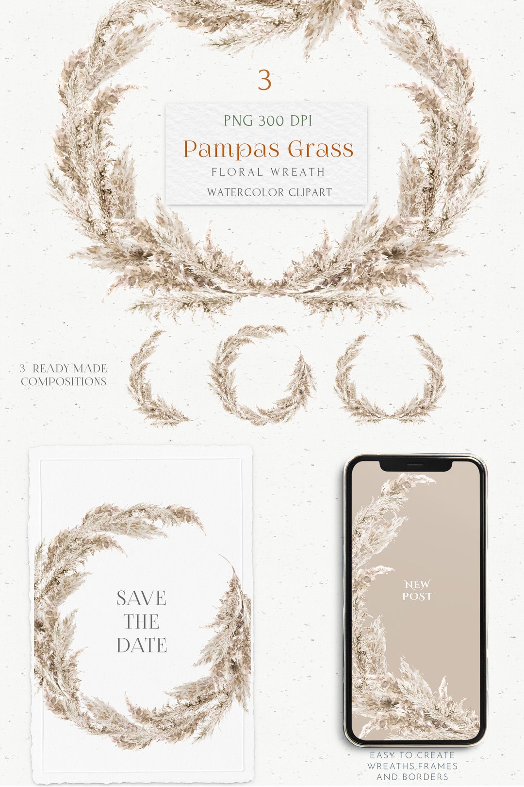 Pampas Grass Wreath Frame Boho Clipart Set. 3 Watercolor Bohemian ...