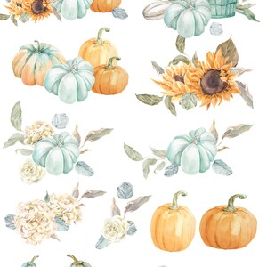Fall Boho Pastel Pumpkin & White Flower Clipart Set. Watercolor Floral ...